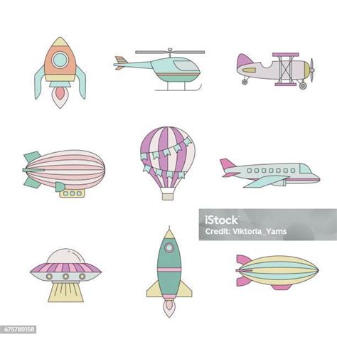 항공 운송 개요 아이콘 설정 색 5 부입니다 Ship Launch에 대한 스톡 벡터 아트 및 기타 이미지 Ship