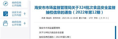 江苏省海安市市场监管局抽检食品324批次！两批次不合格监督农产品制品