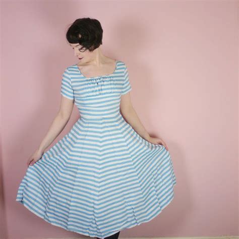 50s Blue White Striped Dress Breton Style Nautical Cotton Summer