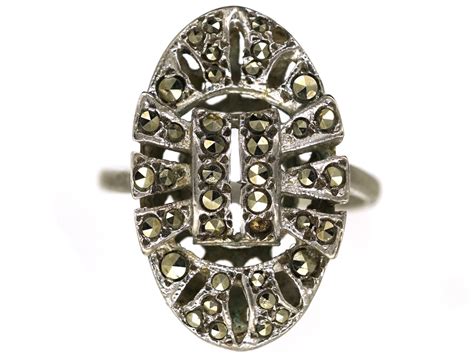Art Deco Silver Marcasite Oval Ring 857H The Antique Jewellery