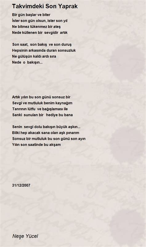 Takvimdeki Son Yaprak Şiiri Neşe Yücel