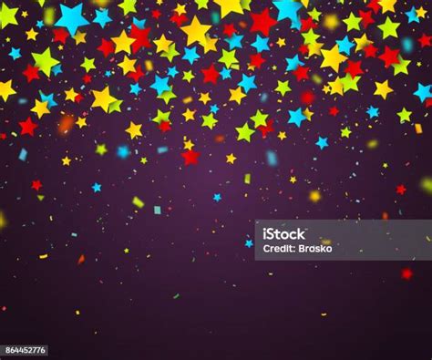 스타와 무작위로 떨어지는 종이 입자의 화려한 색종이 다 색된 별과 어두운 배경입니다 가능성에 대한 스톡 벡터 아트 및 기타 이미지 가능성 공휴일 금 금속 Istock