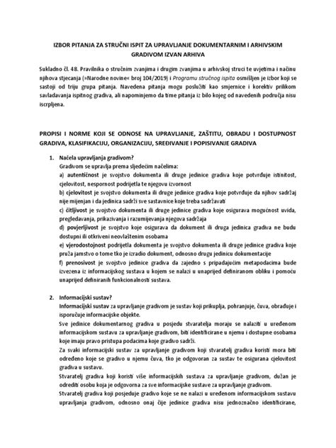 Izbor Pitanja Za Stručni Ispit Za Upravljanje Dokumentarnim I Arhivskim