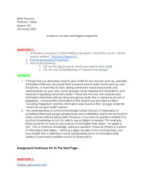 Academic Honesty And Integrity Assignment Bella Tokareva Professor