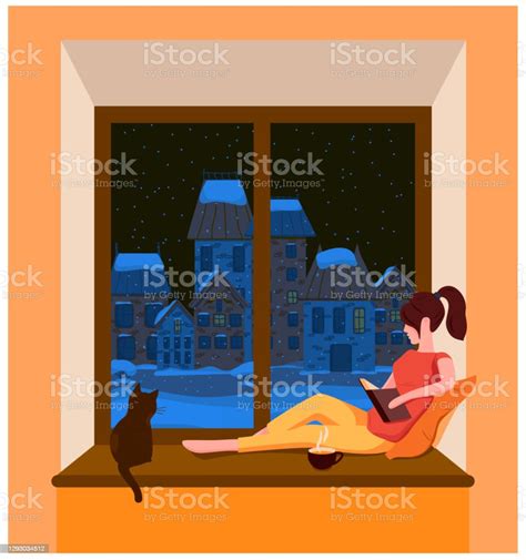 소녀는 창턱에 앉아 책을 읽고 있다 근처에 앉아 차 한 잔을 마시는 고양이 눈 냉동상태의 물에 대한 스톡 벡터 아트 및 기타
