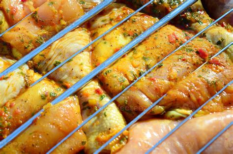 Marinated Chicken Legs On Hot Bbq Charcoal Field Grill 13587614 Stock