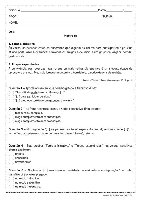 Atividade De Português Verbos Transitivos Diretos 8º Ano