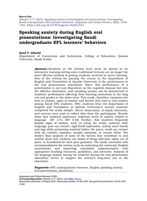 Pdf Speaking Anxiety During English Oral Presentations Investigating