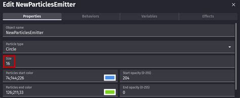 how do i control size of particle emitter from javascript how do i