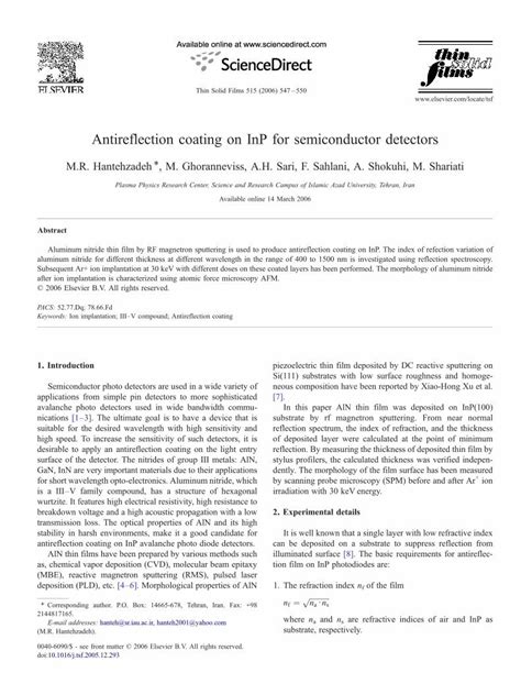 Pdf Antireflection Coating On Inp For Semiconductor Detectors