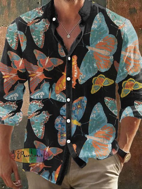 Mens Retro Dark Style Butterfly Print Long Sleeve Shirt Punkoutfit