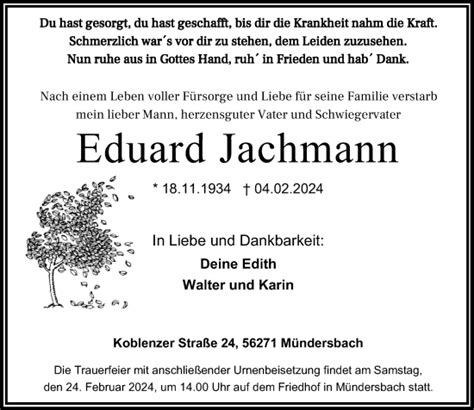 Traueranzeigen Von Eduard Jachmann Rz Trauer De