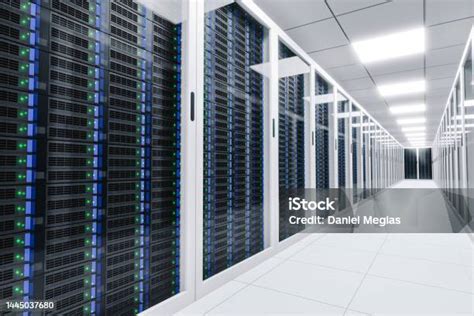 Corridor Of A Data Center Server Room 3d Render 照片檔及更多 數據中心 照片 數據中心