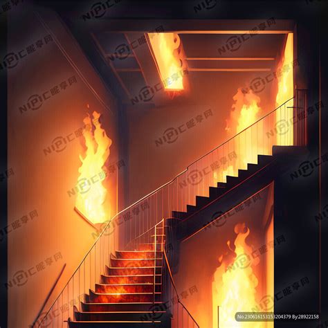 Ai创作图夜晚室内着火楼梯安全通道 昵图网