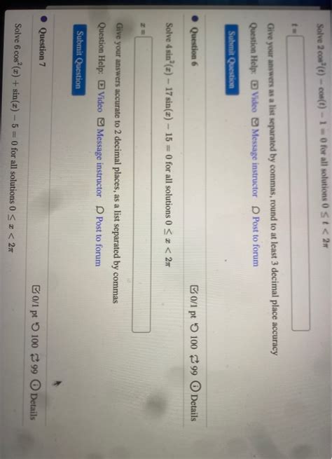 Solved Solve 2 Cos T Cos T 1 0 For All Solutions 0 Chegg Com