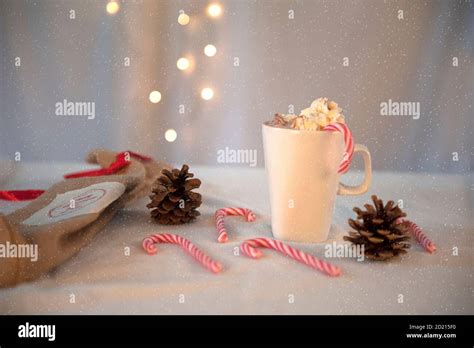 Cup Of Cocoa With Whipped Cream And Candy Canes Canvas Christmas Wrapping Pinecones And Bokeh