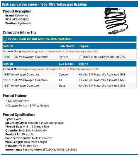 1986 1988 Volkswagen Quantum Oxygen Sensor Drivewire Arbv960902