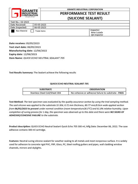 Silicone Sealant Test Result Pdf Silicone Adhesive