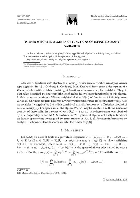 Pdf Wiener Weighted Algebra Of Functions Of Infinitely Many Variables