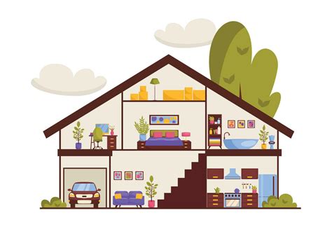 Cutaway House Detailed Modern House Interior Furnished Rooms Vector
