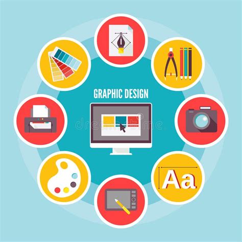 Flat Line Design Concept For Graphic Design Workflow Process Stock