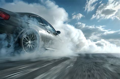 Clouds Of Smoke Billow From The Cars Tires As It Speeds Down The Road