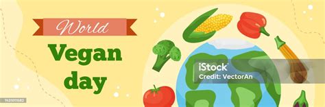 벡터 수평 템플릿 배너 세계 비건 채식의 날 유기농 식품과 건강한 식단의 야채로 인사말 카드 일러스트레이션 이벤트 및 소셜 미디어 전단지 11월에 대한 스톡 벡터 아트 및