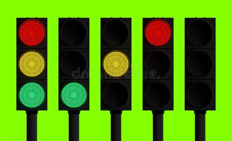 Set Of Street Traffic Lights With Different Light Signals Isolated On