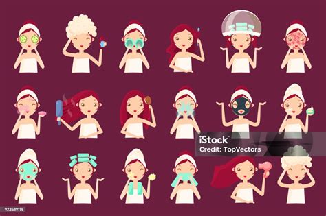 피부와 헤어 케어 루틴 세트 다른 얼굴 미용 절차 그녀의 피부 얼굴 및 머리의 여자 여자 얼굴 벡터 일러스트 독일에 대한 스톡 벡터 아트 및 기타 이미지 Istock