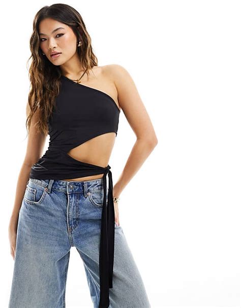 Asos Design One Shoulder Asymmetric Top With Tie In Black Asos