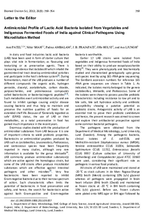Pdf Antimicrobial Profile Of Lactic Acid Bacteria Isolated From Vegetables And Indigenous