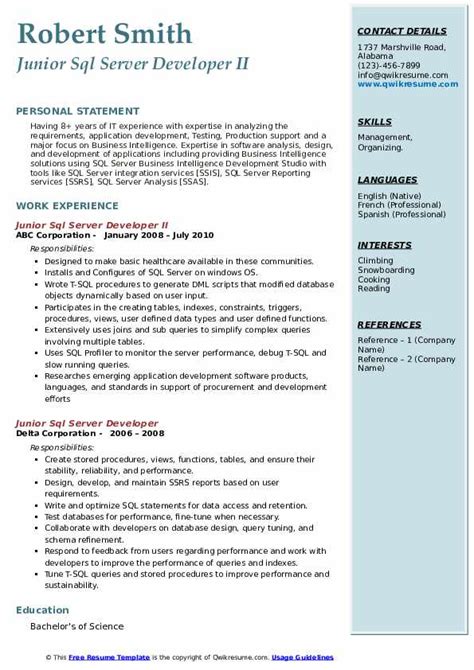 Junior SQL Server Developer Resume Samples QwikResume