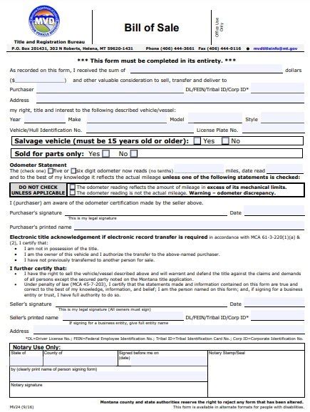 Free Montana Vehicle Bill Of Sale Form Mv24 Word Pdf Excel Tmp