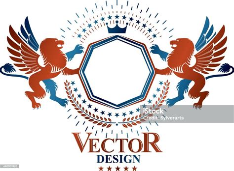 그래픽 상징 용감한 사자 왕과 제국 크라운으로 구성 팔의 문장 학 외 투 장식 로고 벡터 일러스트 레이 션 고립 고풍스런에 대한 스톡 벡터 아트 및 기타 이미지 Istock