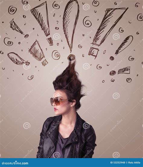 Young Woman With Hair Style And Hand Drawn Exclamation Signs Stock