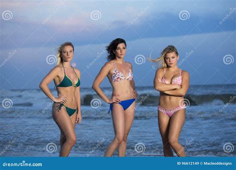 Girls In Bikinis Sunbathing Sitting On The Beach Royalty Free Stock