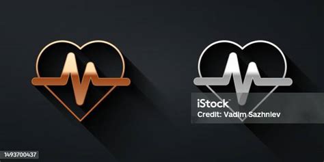 黒い背景に金と銀の心拍数アイコンハートビート記号心臓の脈拍のアイコン心電図アイコン長い影のスタイルベクトル アイコンのベクターアート素材や