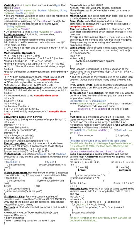 Comp 202 Final Exam Cheat Sheet Variables Have A Name Not Start W