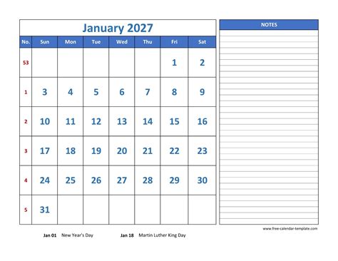 January Calendar 2027 Grid Lines For Holidays And Notes Horizontal