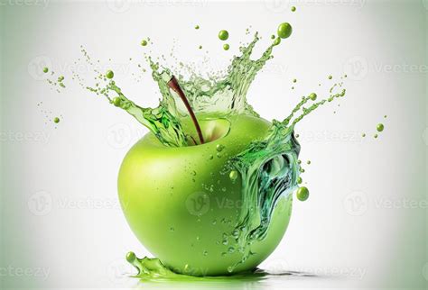 Green Apple In A Splash Of Water Explosion Of Clear Liquid And