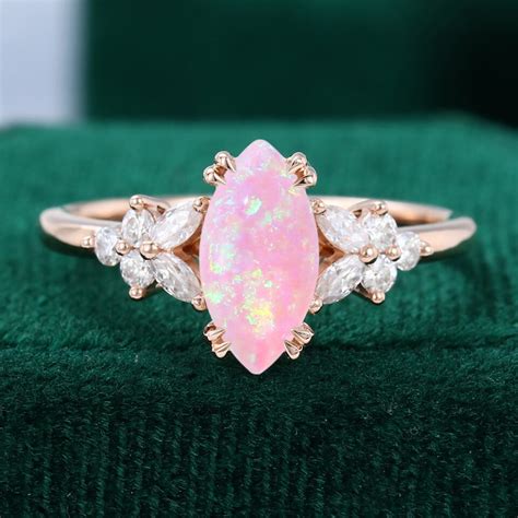 Marquise Cut Lab Pink Opal Engagement Ring Blossom Moissanite Accented