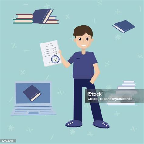 젊은 학생의 손에 설문 조사 또는 시험 설문지 시트 성공적인 교육 후 우수한 테스트 또는 퀴즈 결과 벡터 가공의 인물에 대한 스톡 벡터 아트 및 기타 이미지 Istock