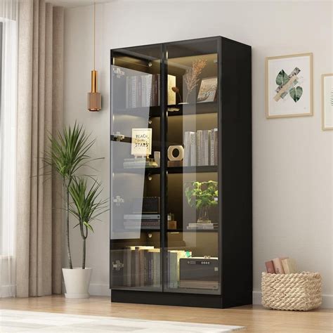 Fufuandgaga Black Wood Display Cabinet With Tempered Glass Doors And 3 Color Led Lights Kf020275