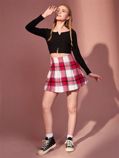 Romwe Plaid Pleated Skirt Shein Uk