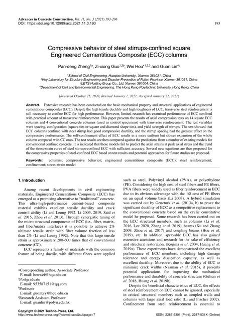 Pdf Compressive Behavior Of Steel Stirrups Confined Square Engineered Cementitious Composite