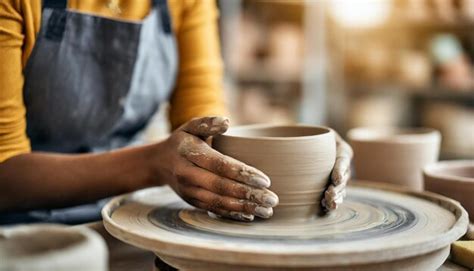 Womans Hands Meticulously Shaping Pottery On A Spinning Wheel In A