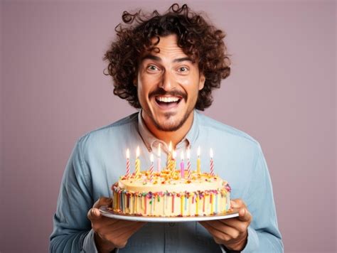 Premium Ai Image Laugh Out Loud Man Holding A Big Birthday Cake With