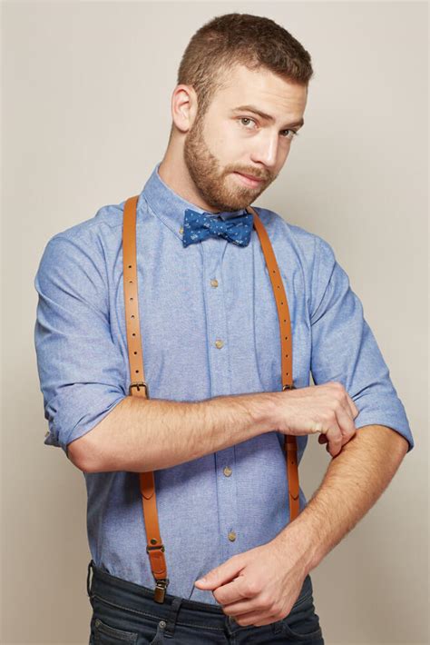 Natural Tan Leather Buckle Skinny Suspenders Blade Blue