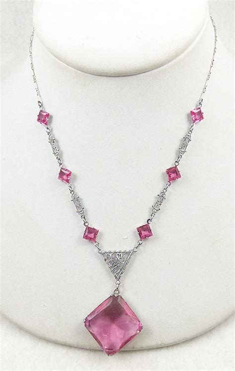 Art Deco Rhodium Filigree Pink Glass Necklace Garden Party Collection