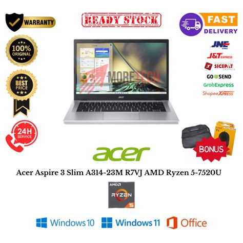 Jual Laptop Acer Aspire 3 Slim A314 23m R7vj Amd Ryzen 5 7520u Ram